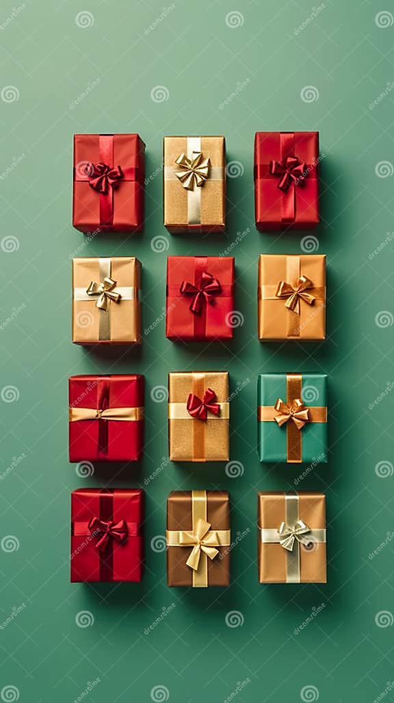 A Group of Different Colored Wrapped Presents on a Green Surface ...
