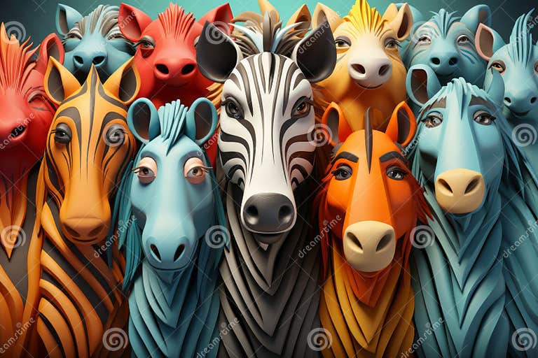 A Group of Different Colored Zebras in Front of a Blue Background Stock ...
