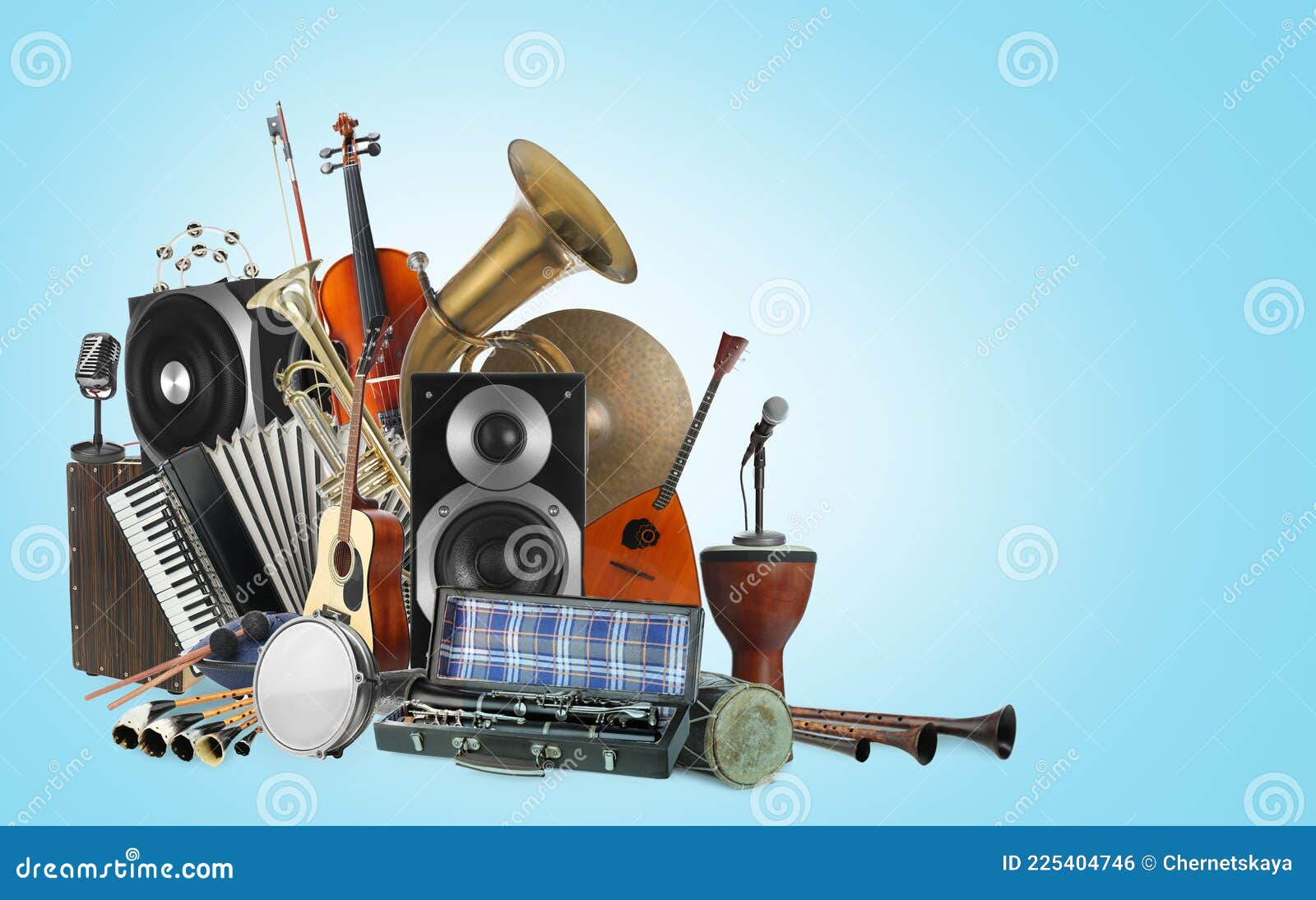Group of Different Musical Instruments on Blue Background Stock Photo ...
