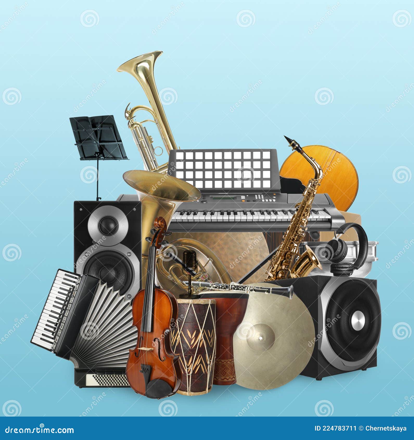 Group of Different Musical Instruments on Light Blue Background Stock ...