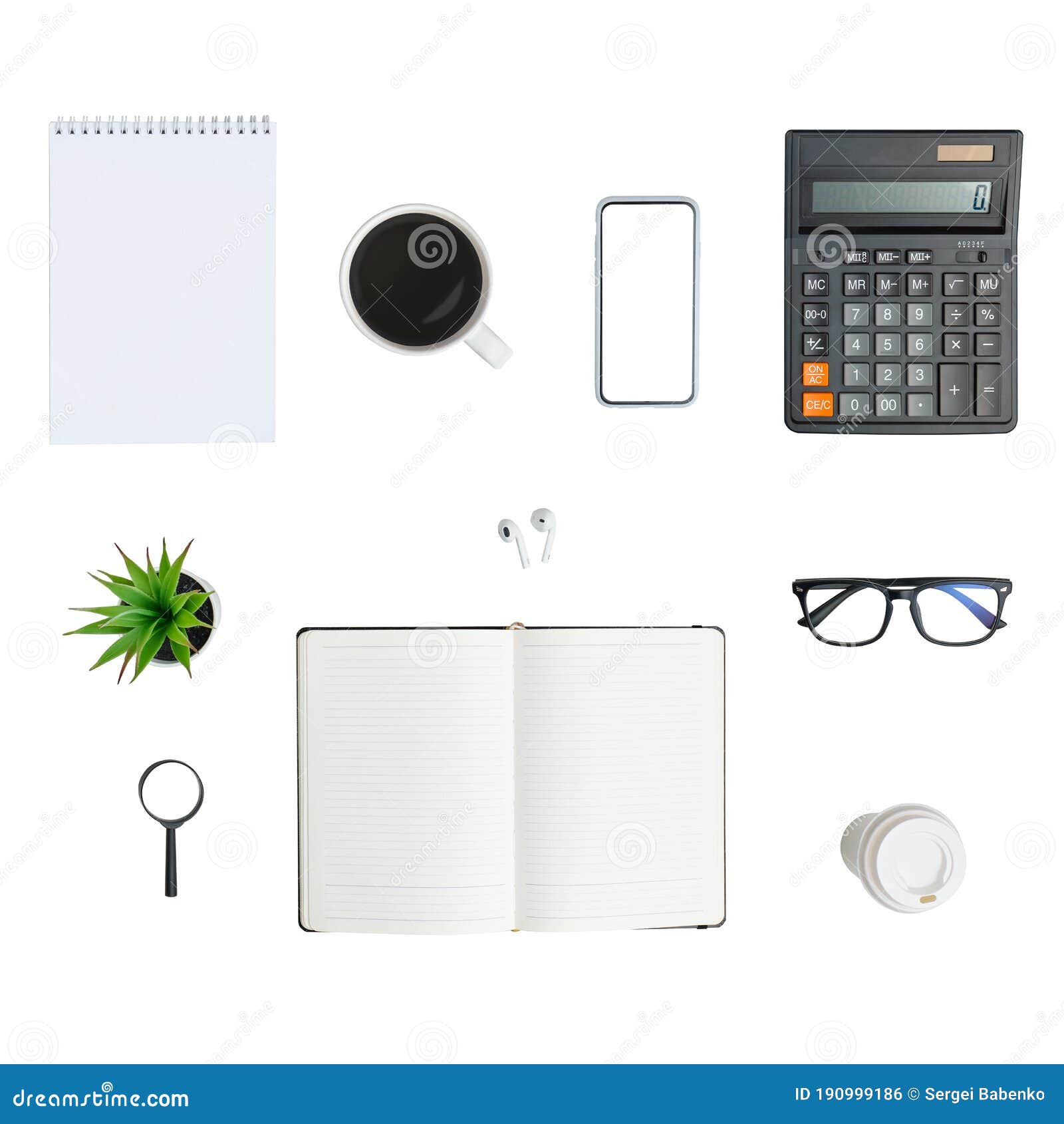 Group of Different Office Items Notebook, Coffee Stock Photo - Image of ...