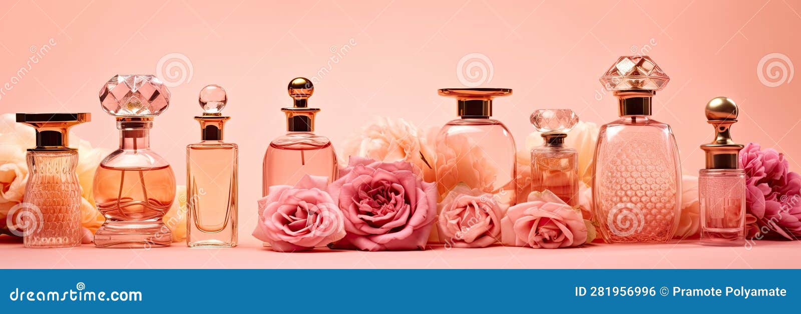 Group of Different Perfume Bottles and Sampler on a Pink Floral ...