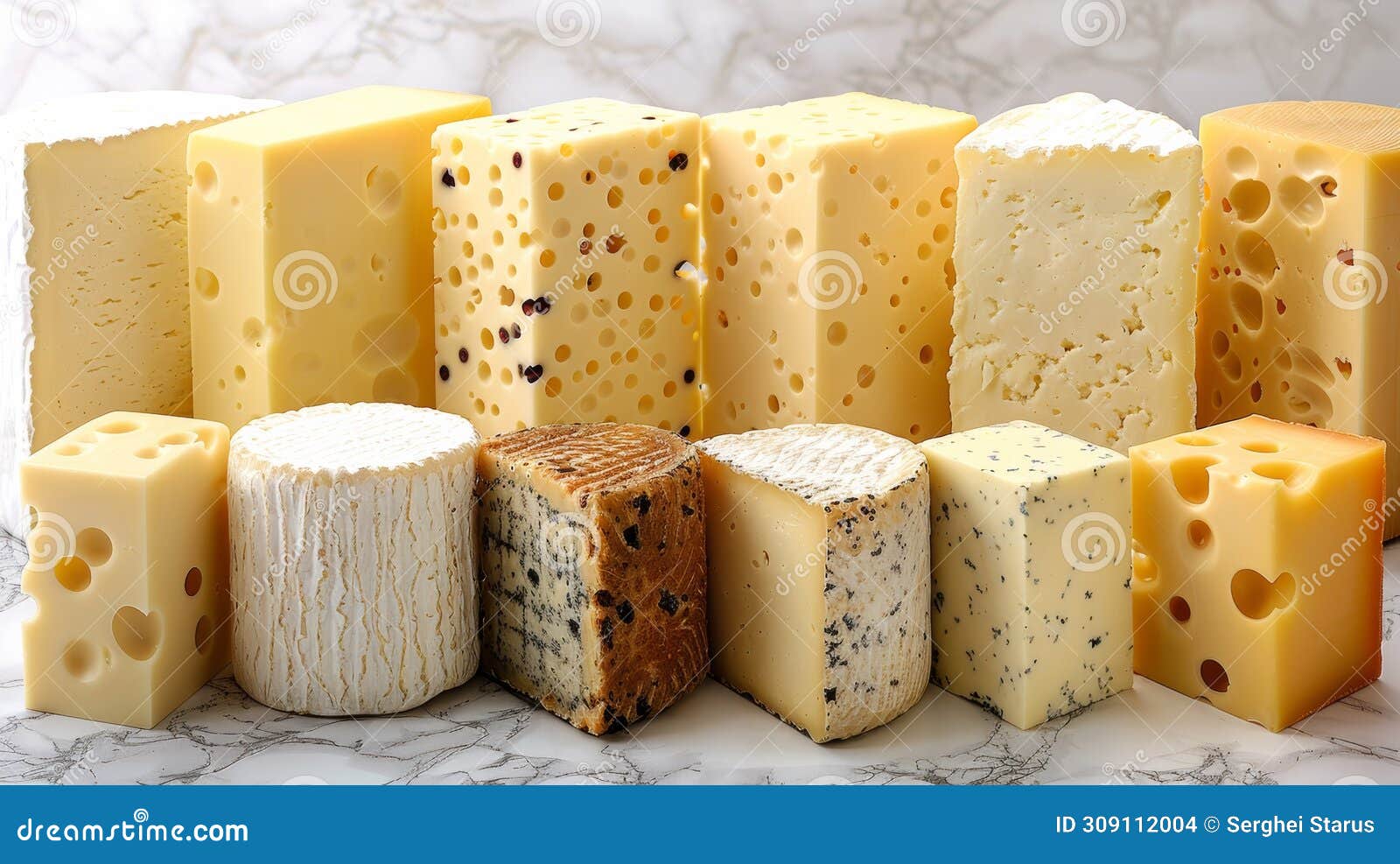 A Group of Different Types and Sizes of Cheese on a Marble Counter, AI ...