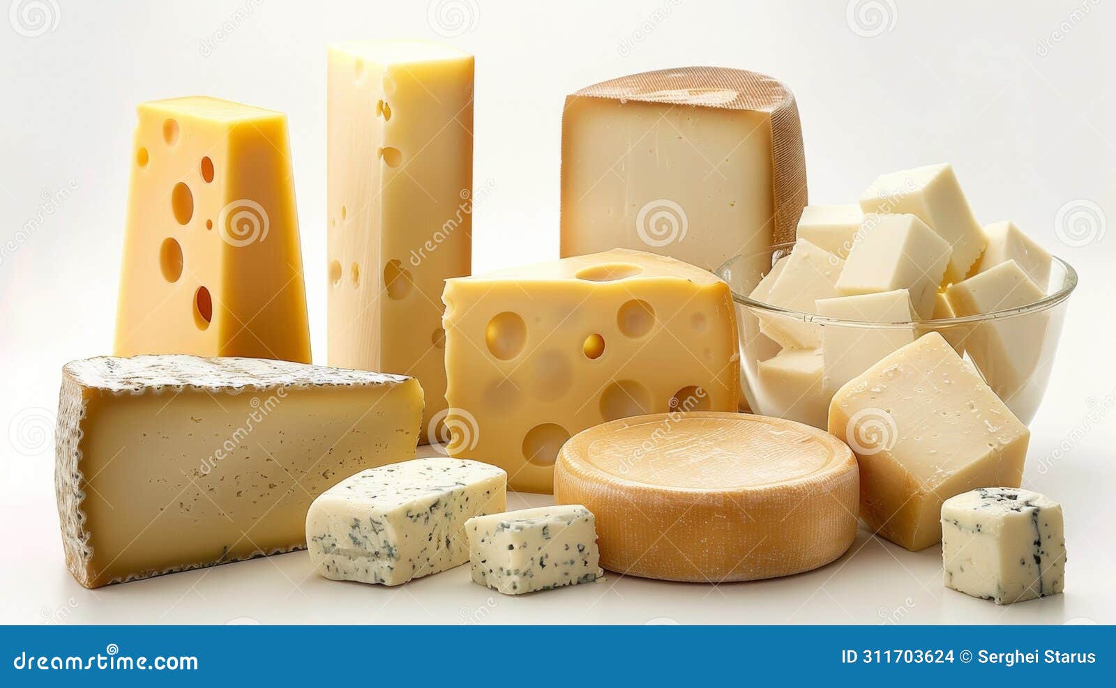 A Group of Different Types and Sizes of Cheese on a White Table, AI ...