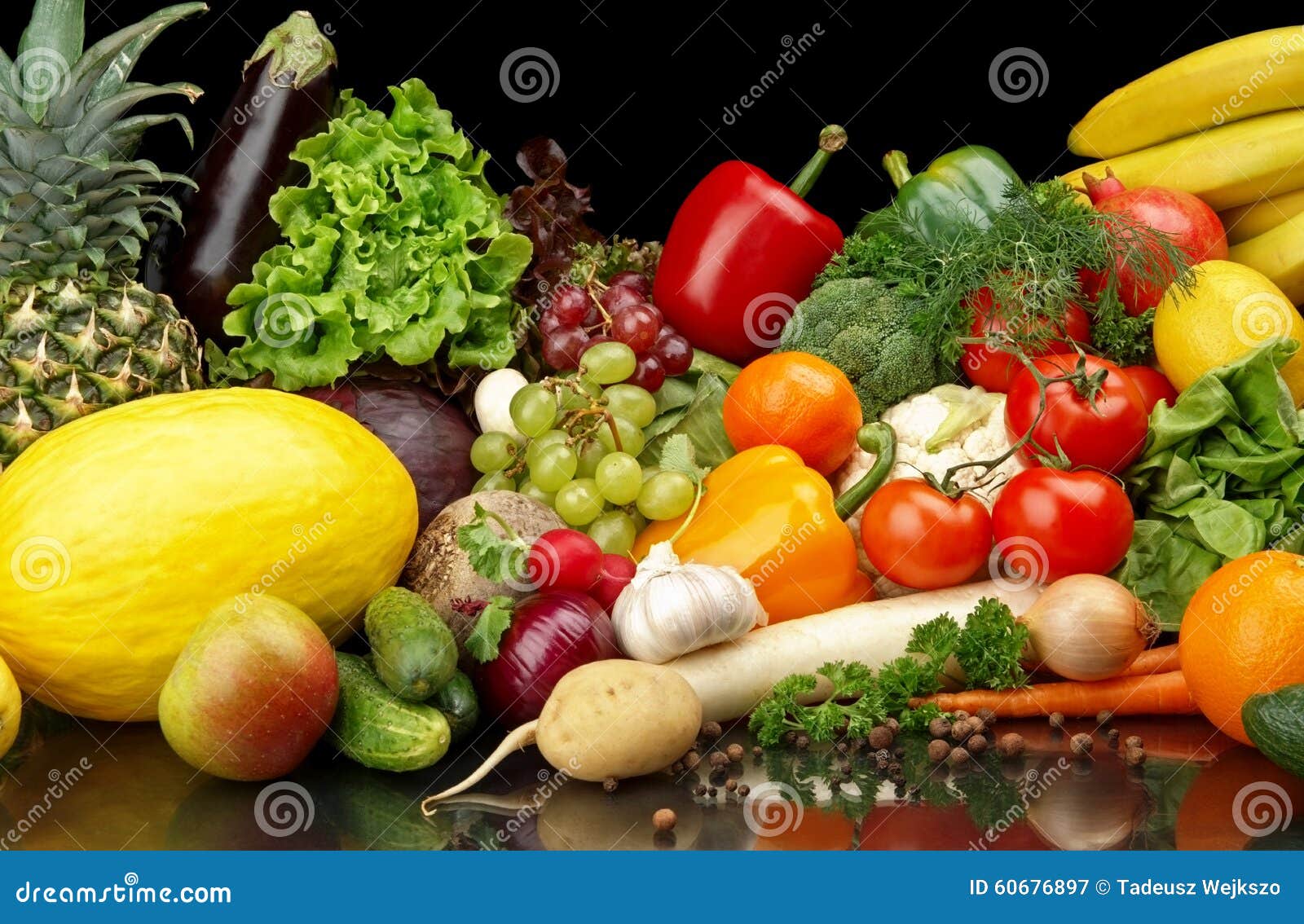 Group of Different Vegetables and Fruits on Black Stock Image - Image ...