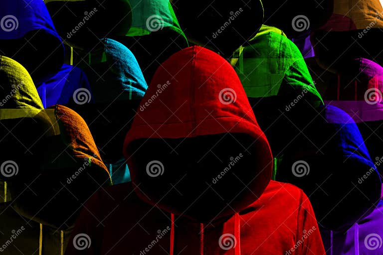 Group of Differently Colored Hooded Hackers Cybersecurity Concept Stock ...