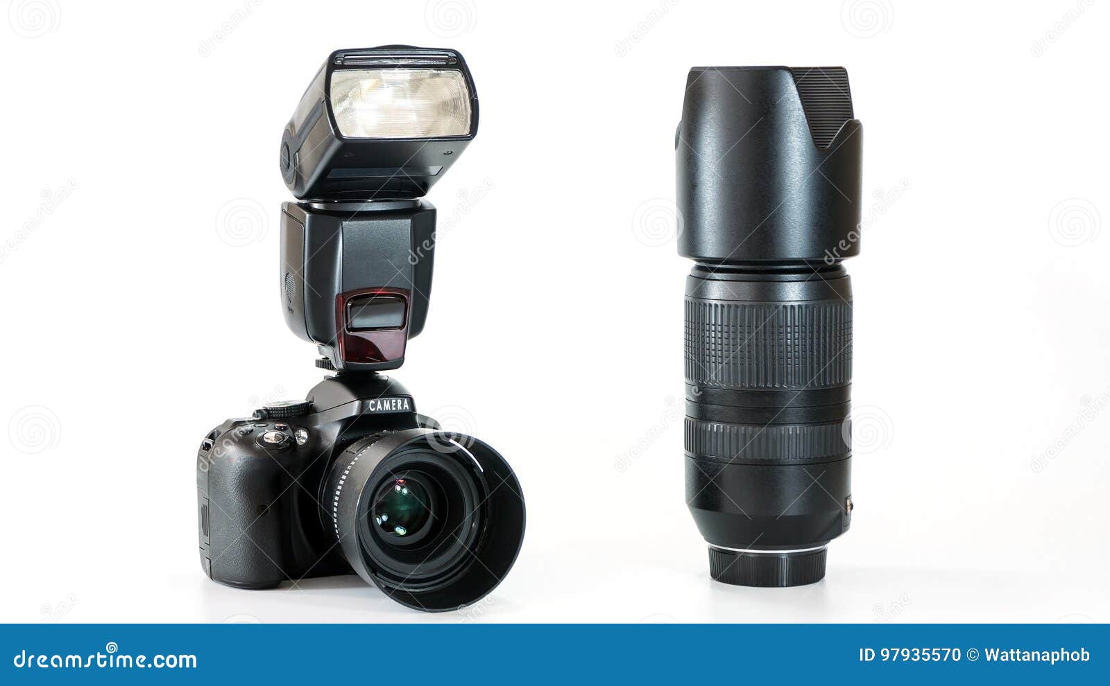 Group of Digital Camera with Lens and Flash Stock Photo - Image of ...