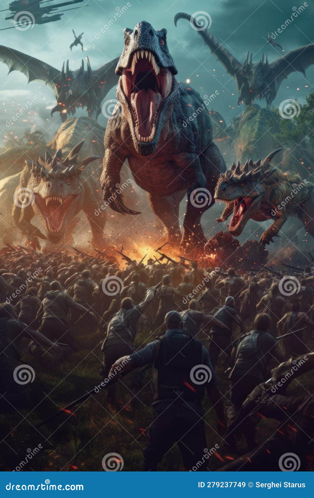 A Group of Dinosaurs Attacking a Man in a Field. Generative AI Image ...