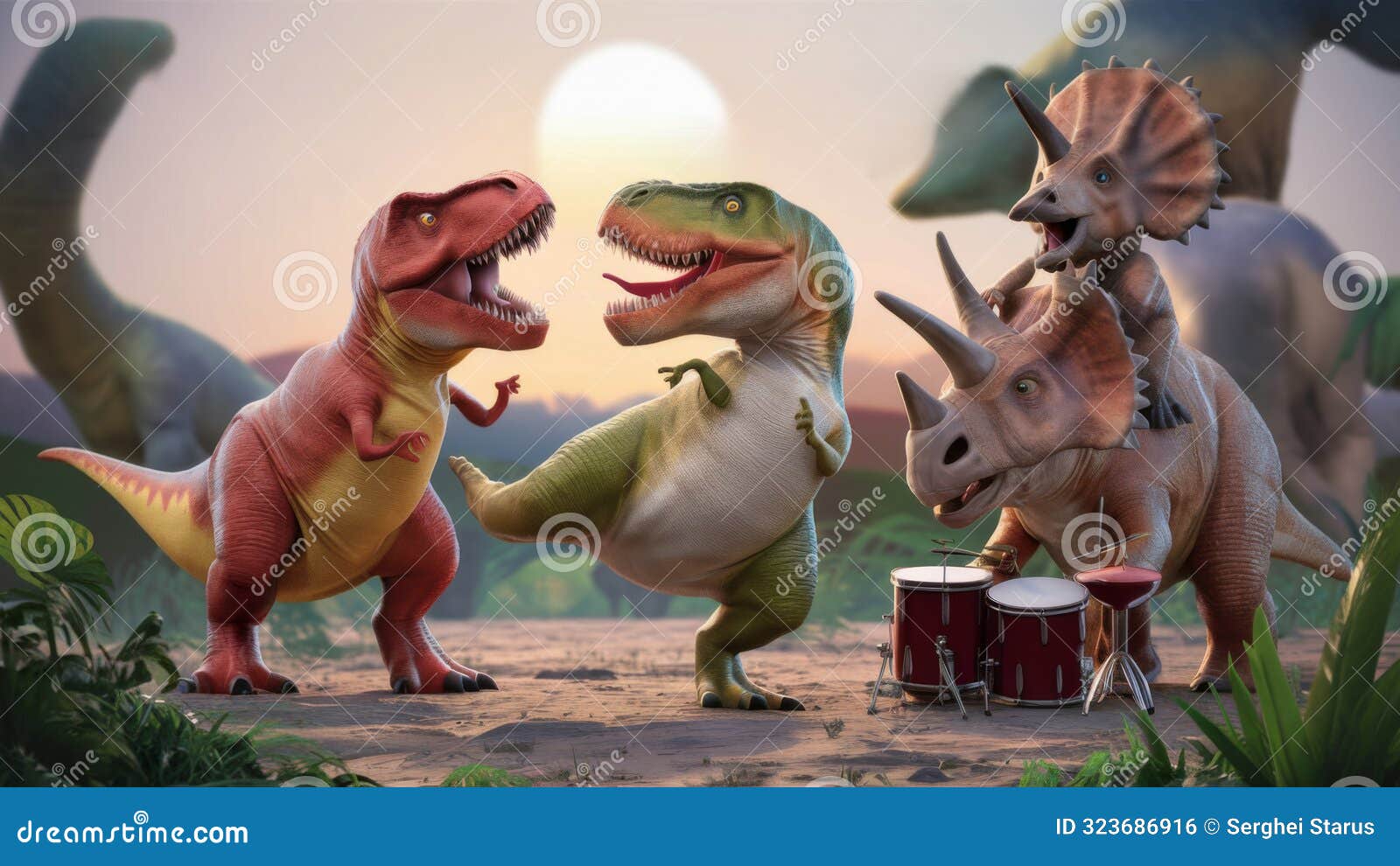 A Group of Dinosaurs are Playing Music Together in a Field, AI Stock ...