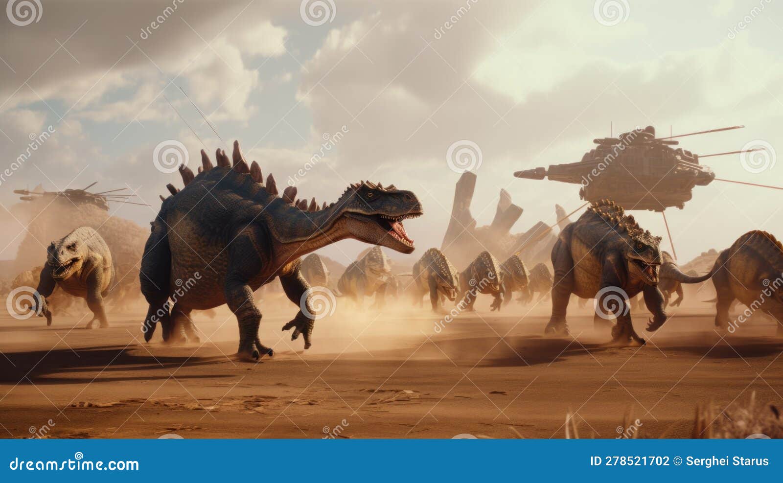 A Group of Dinosaurs Running Across a Dirt Field. Generative AI Image ...