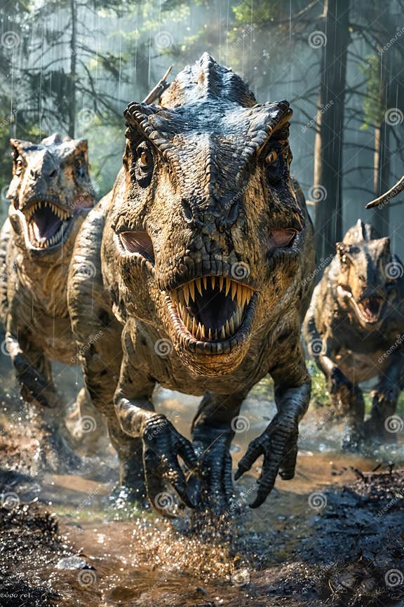 A Group of Dinosaurs Running through a Forest in the Rain. Generative ...