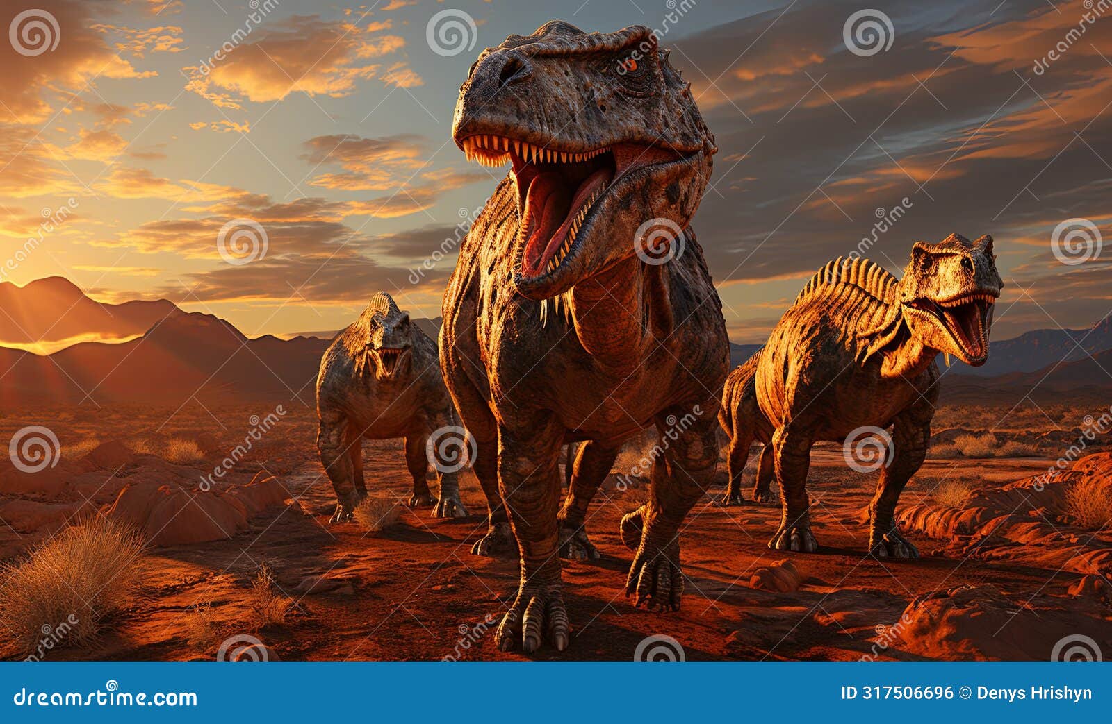Group of Dinosaurs Walking Across Desert Stock Photo - Image of barren ...