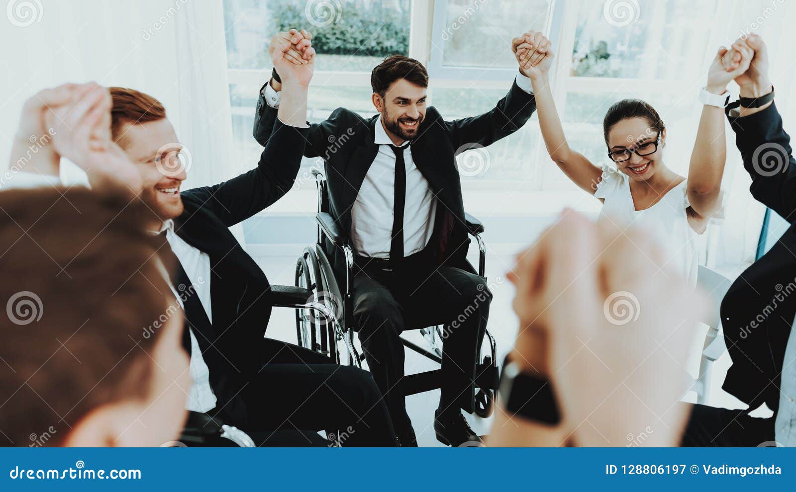 Group Disabled People Raise Hands in Bright Office Stock Image - Image ...