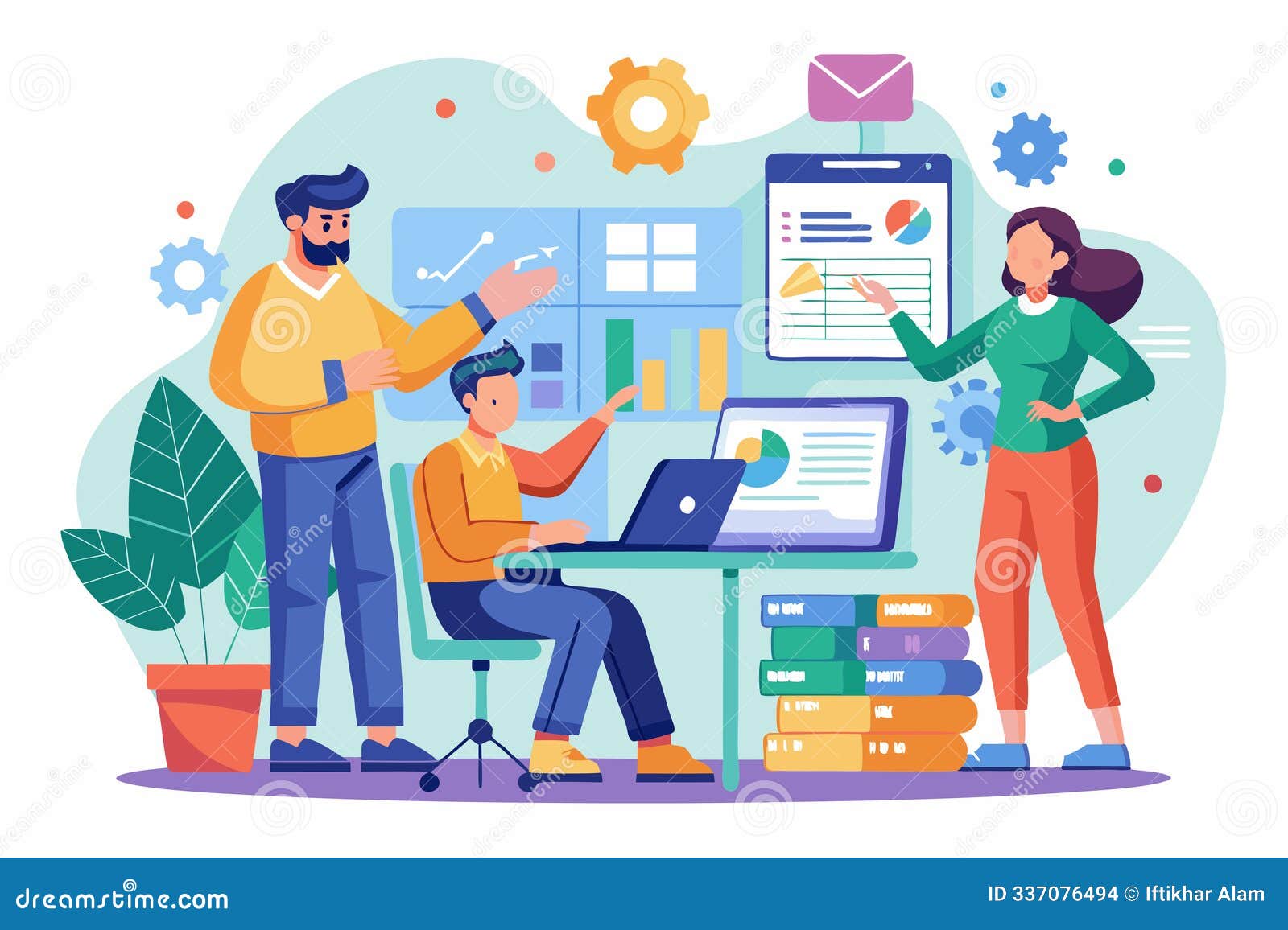 A Group Discusses Project Details Using Flat Illustrations and Digital ...