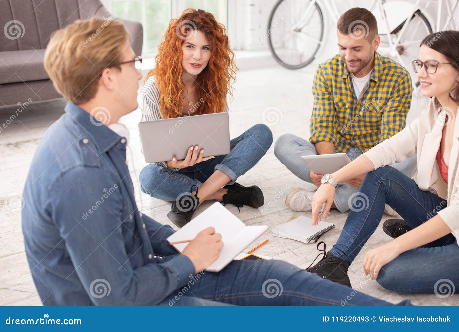 Happy Four Students Discussing Project Stock Image - Image of face ...