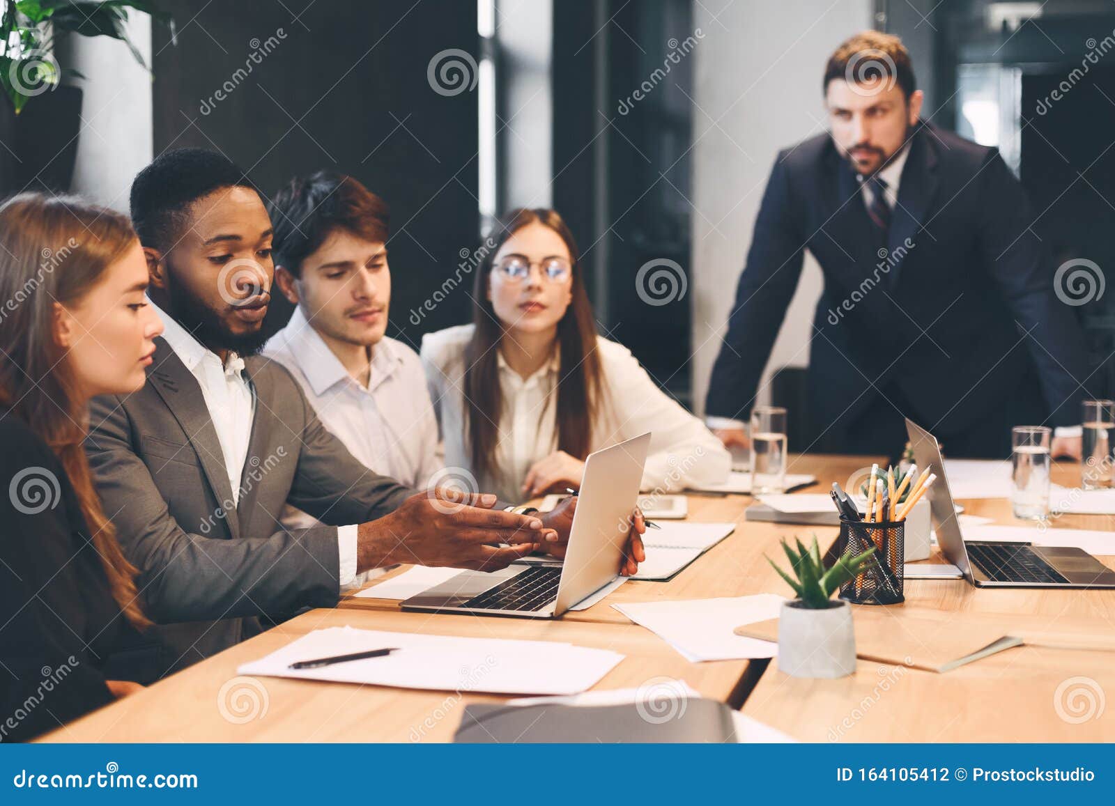 Group Discussion. Colleagues Discussing New Project at Meeting Stock ...