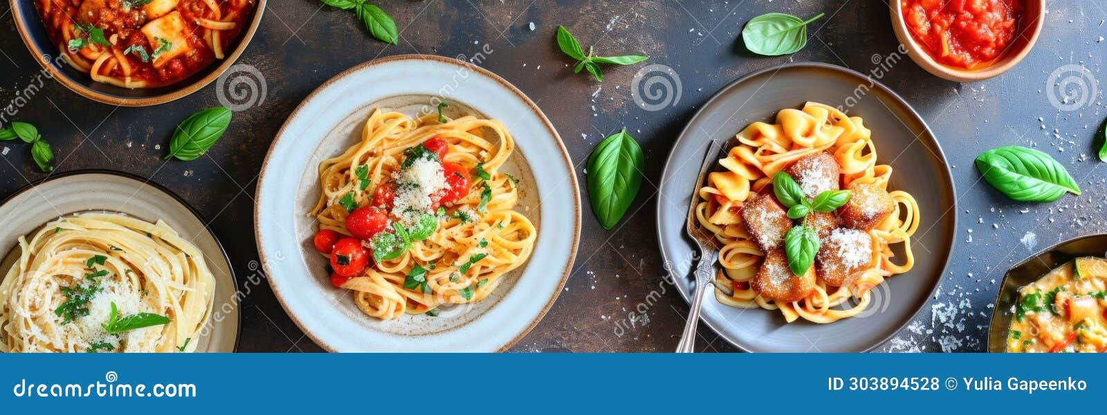 A Group of Dishes with Pasta on it Stock Photo - Image of tasty ...