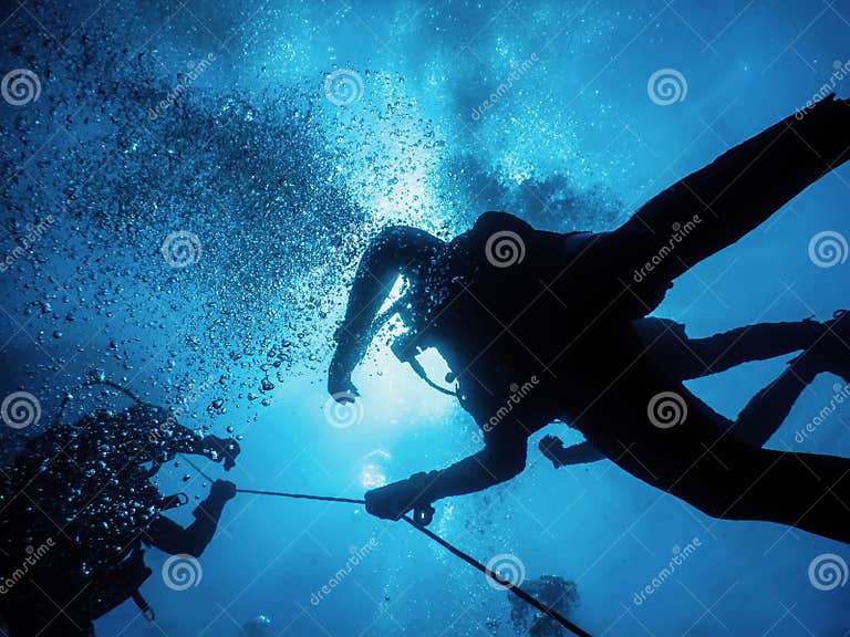 Group of Divers on Safety Stop Underwater Bubbles Stock Photo - Image ...