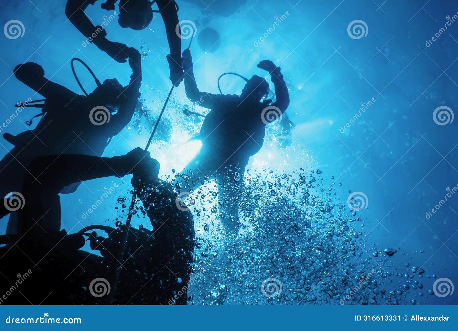 Group of Divers on Safety Stop Underwater Bubbles Stock Image - Image ...