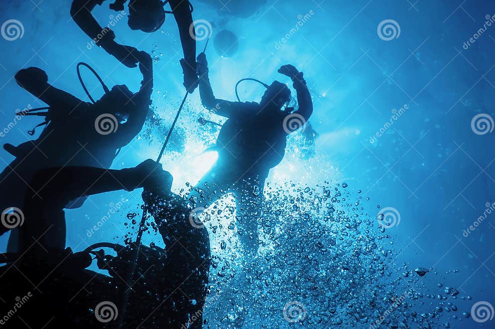 Group of Divers on Safety Stop Underwater Bubbles Stock Image - Image ...