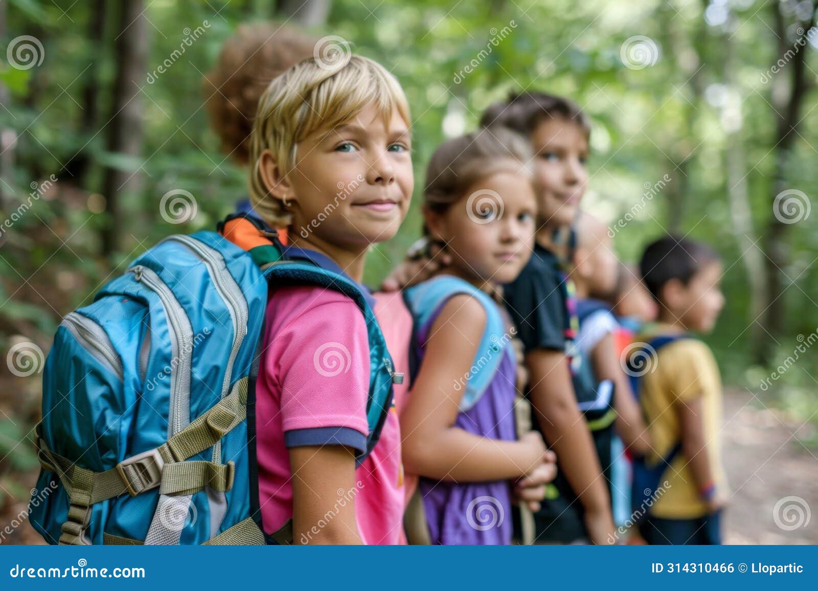 Group of Diverse Children with Backpacks in a Forest Stock Illustration ...