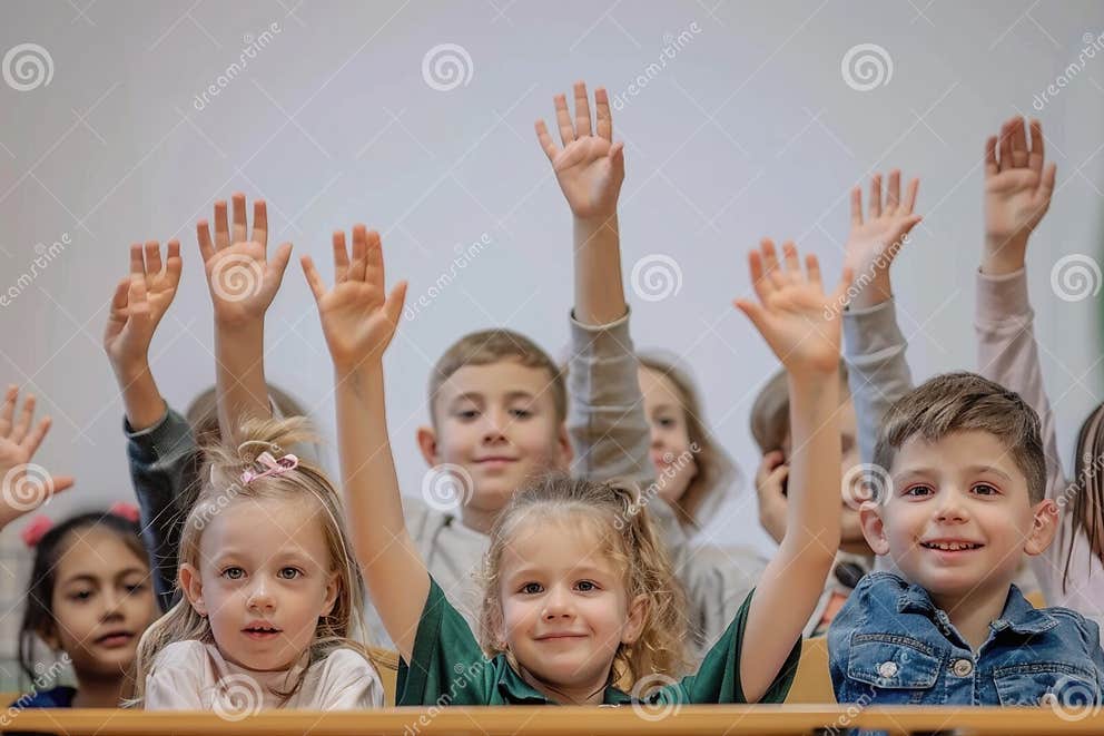 Group of Diverse Children Raising Hands in Classroom Setting for ...