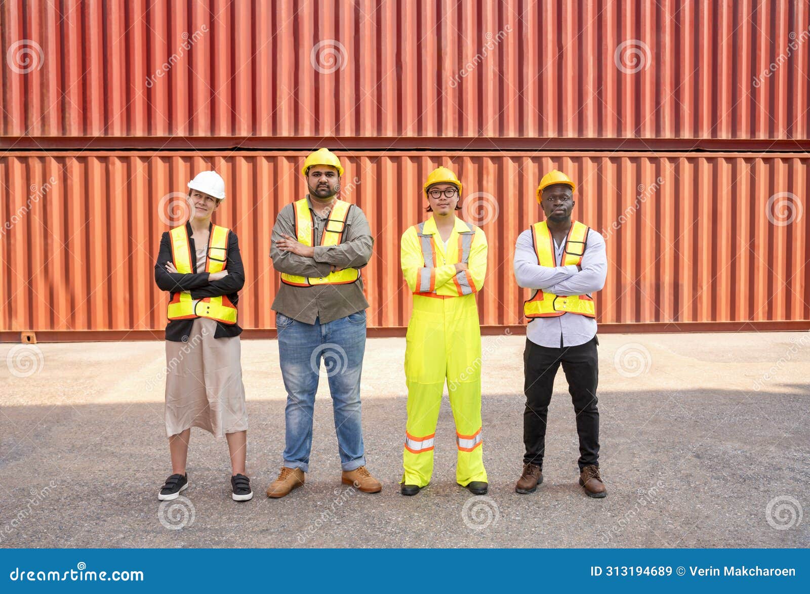 Group of Diverse Container Yard Workers Standing with Arms Crossed in ...