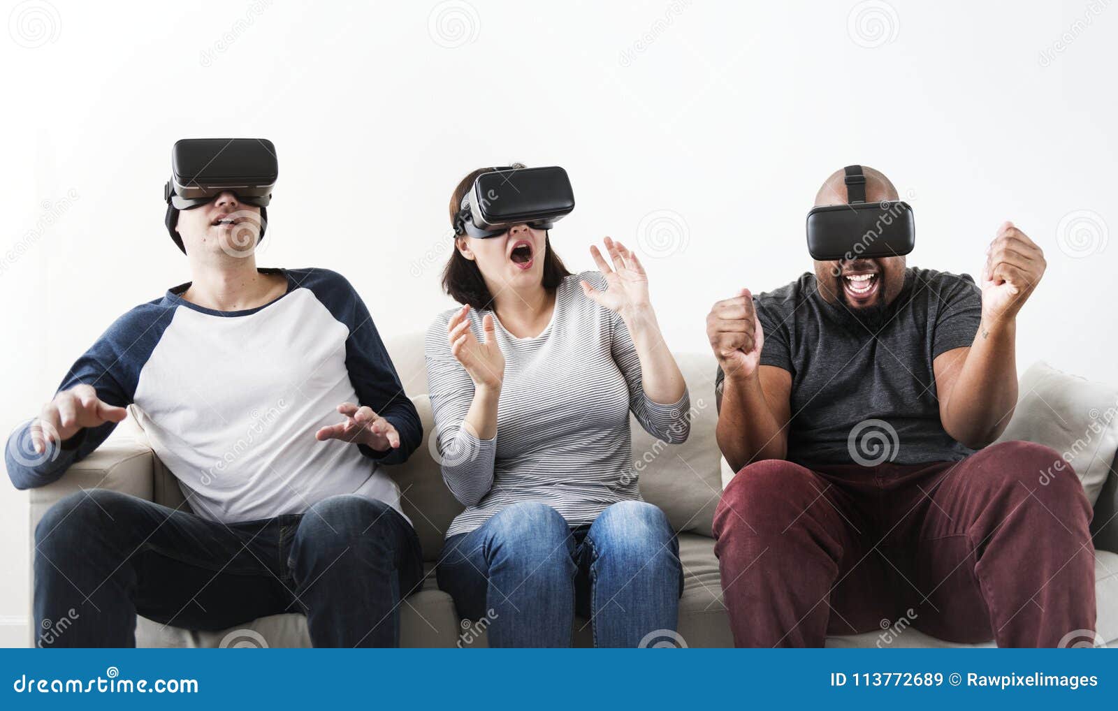 Group of Diverse Friends Enjoying Virtual Reality Experience Stock ...