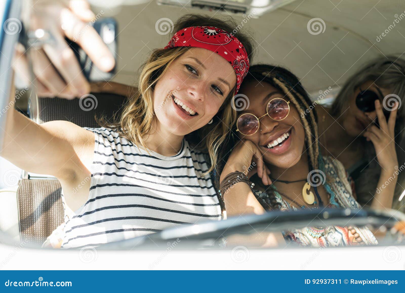 Group of Diverse Friends on Road Trip Taking Selfie Together Stock ...