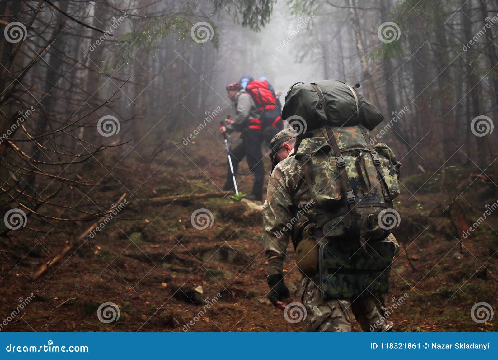 Three Men Hike in Forest with Backpack for Trekking Stock Image - Image ...