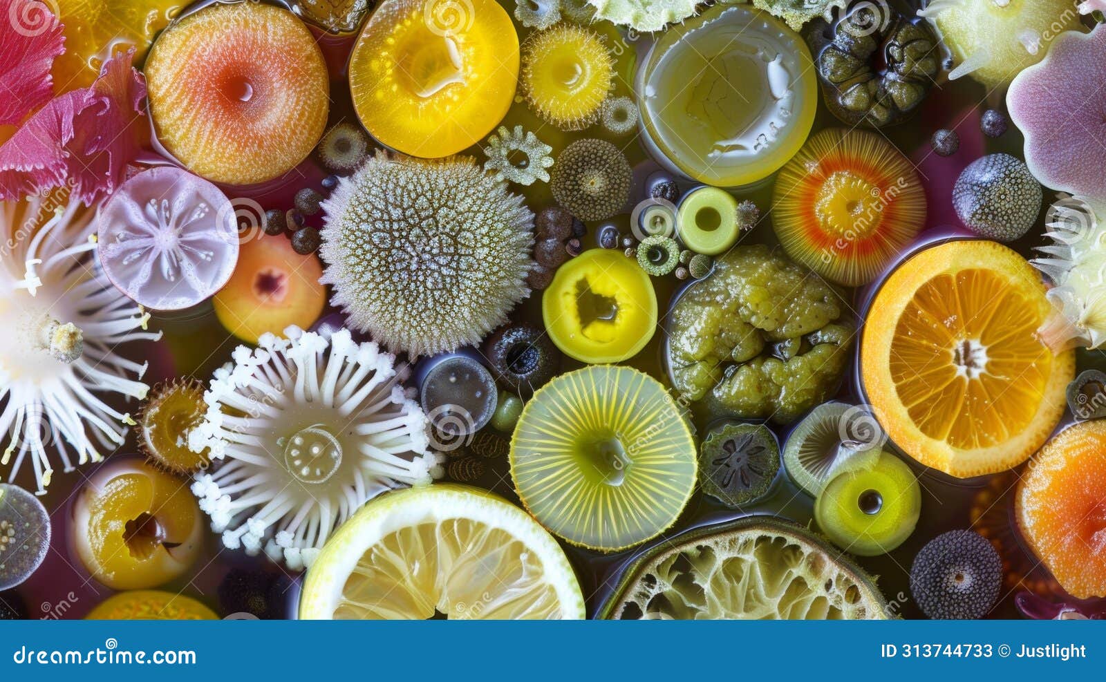 A Group of Diverse Microbes Under a Microscope Surrounded by Pieces of ...