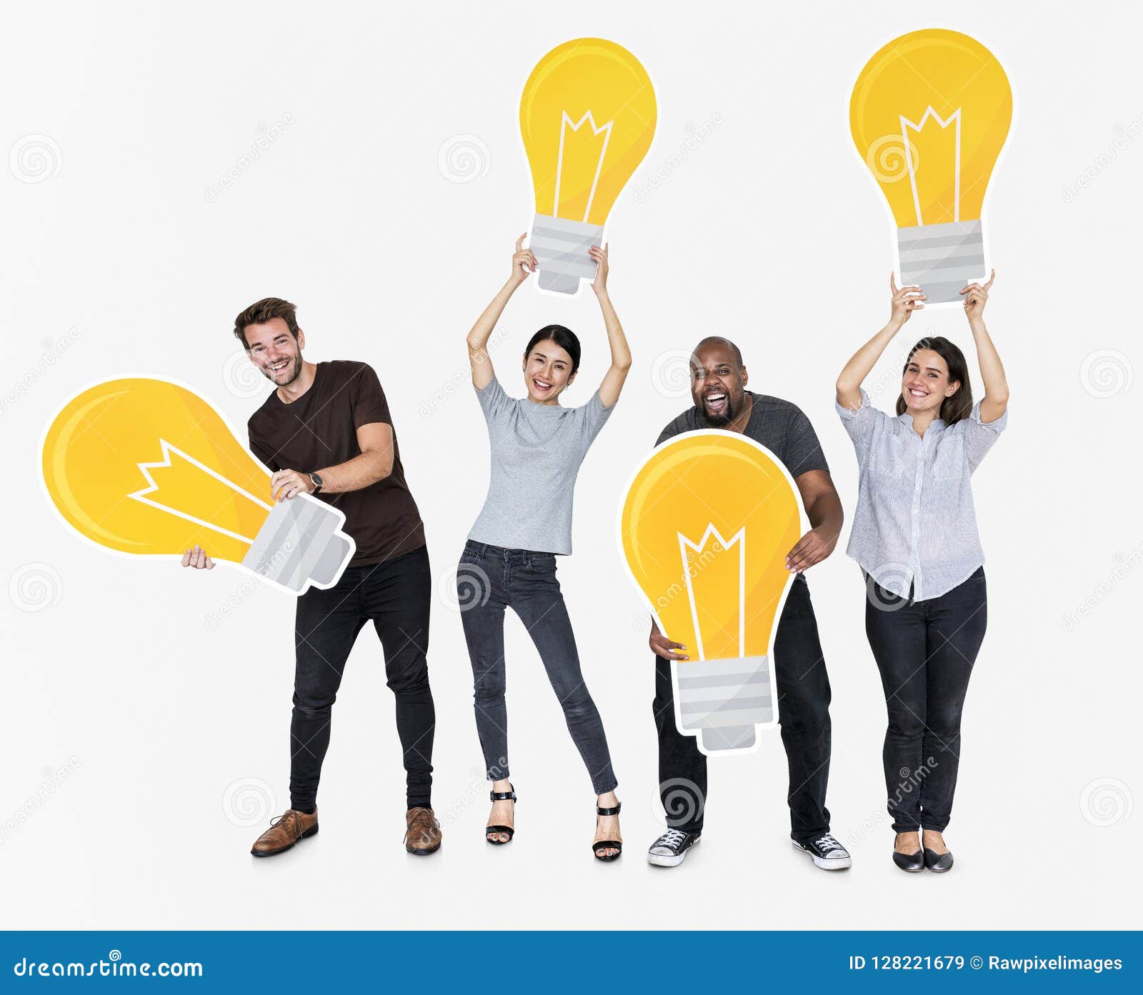 Group of Diverse People with Bright Yellow Light Bulbs Stock Image ...