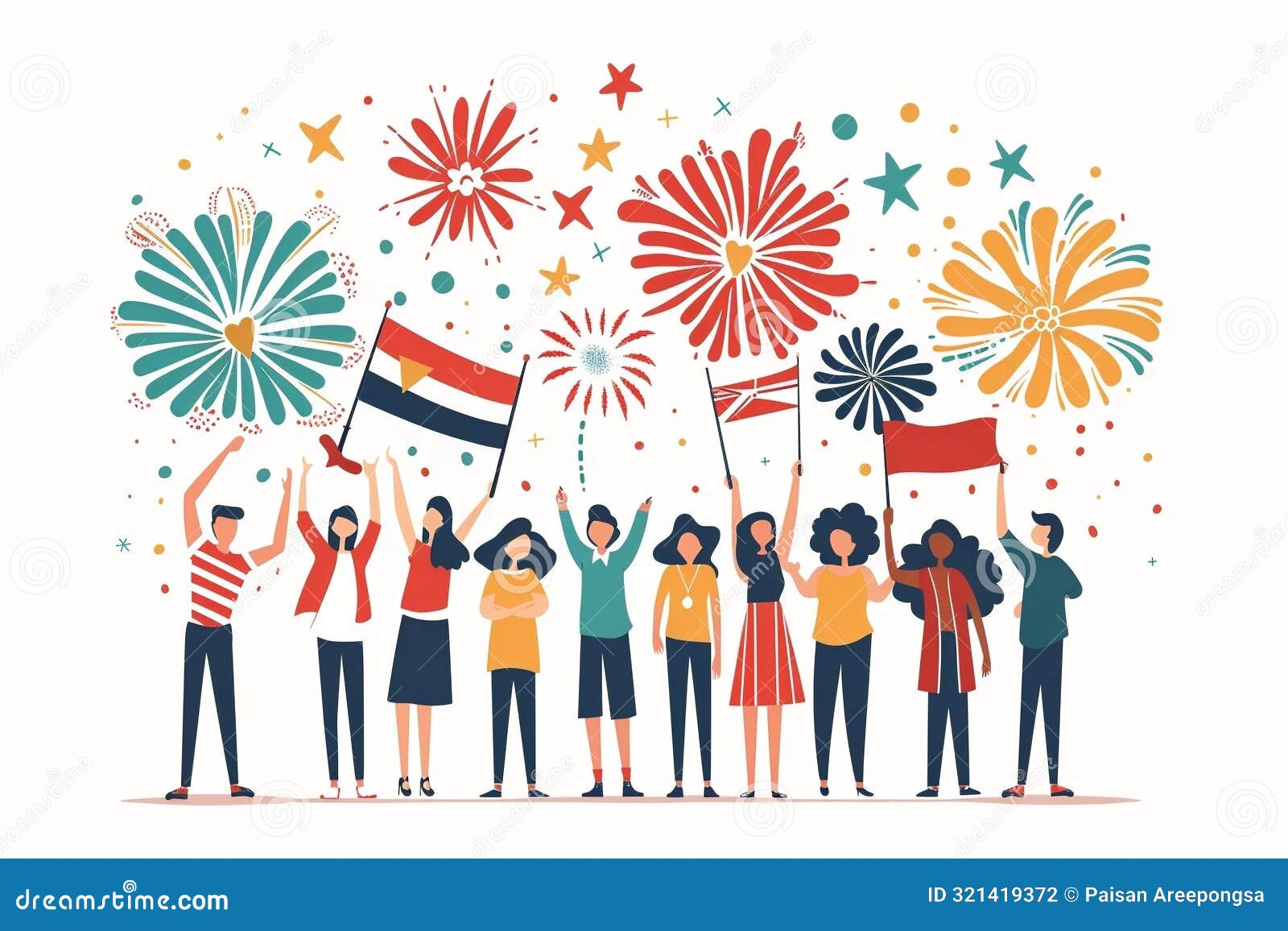 Group of Diverse People Celebrating with Flags and Fireworks Stock ...