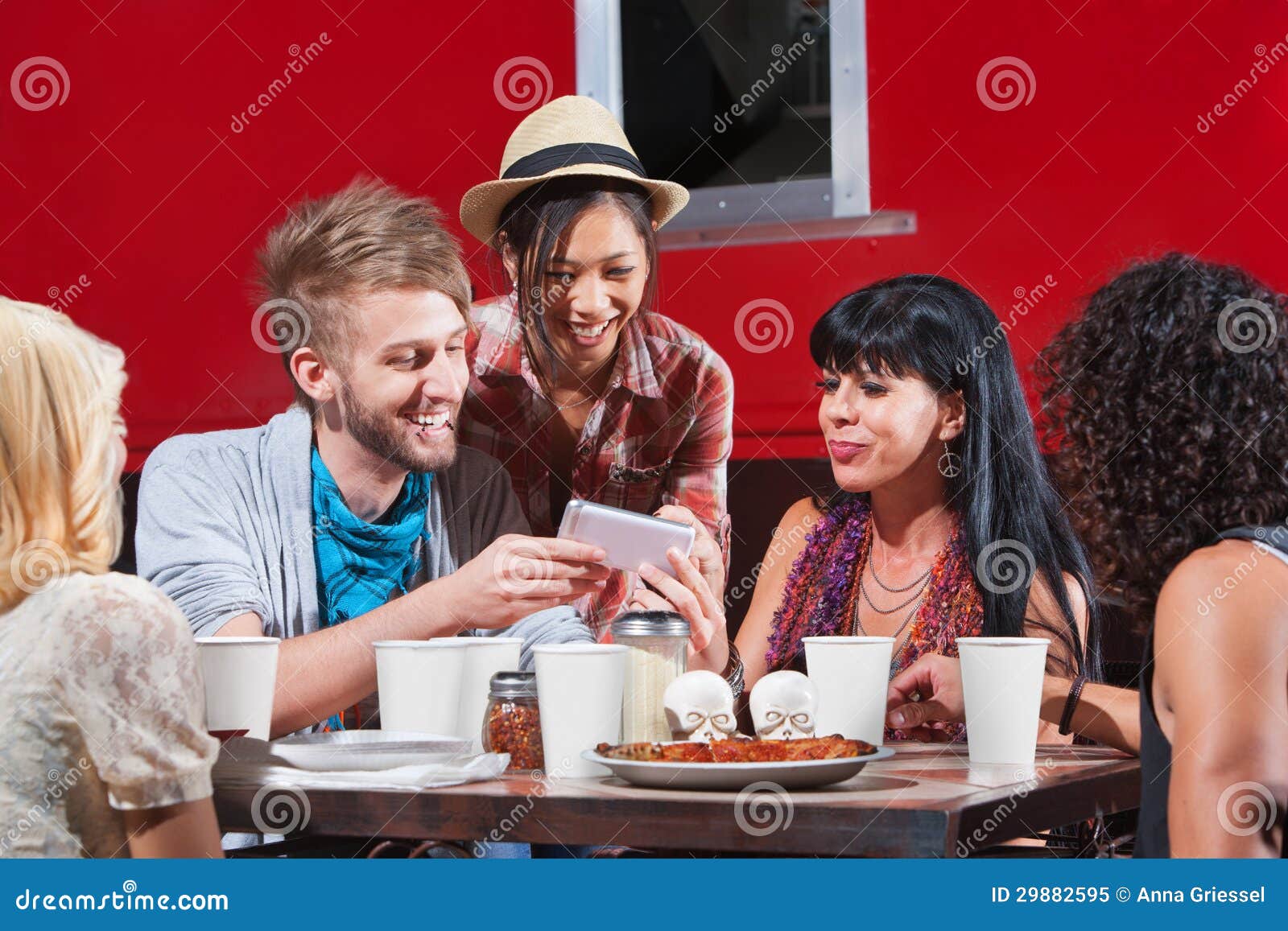 Diverse Group Eating and Texting Stock Image - Image of dining, cute ...