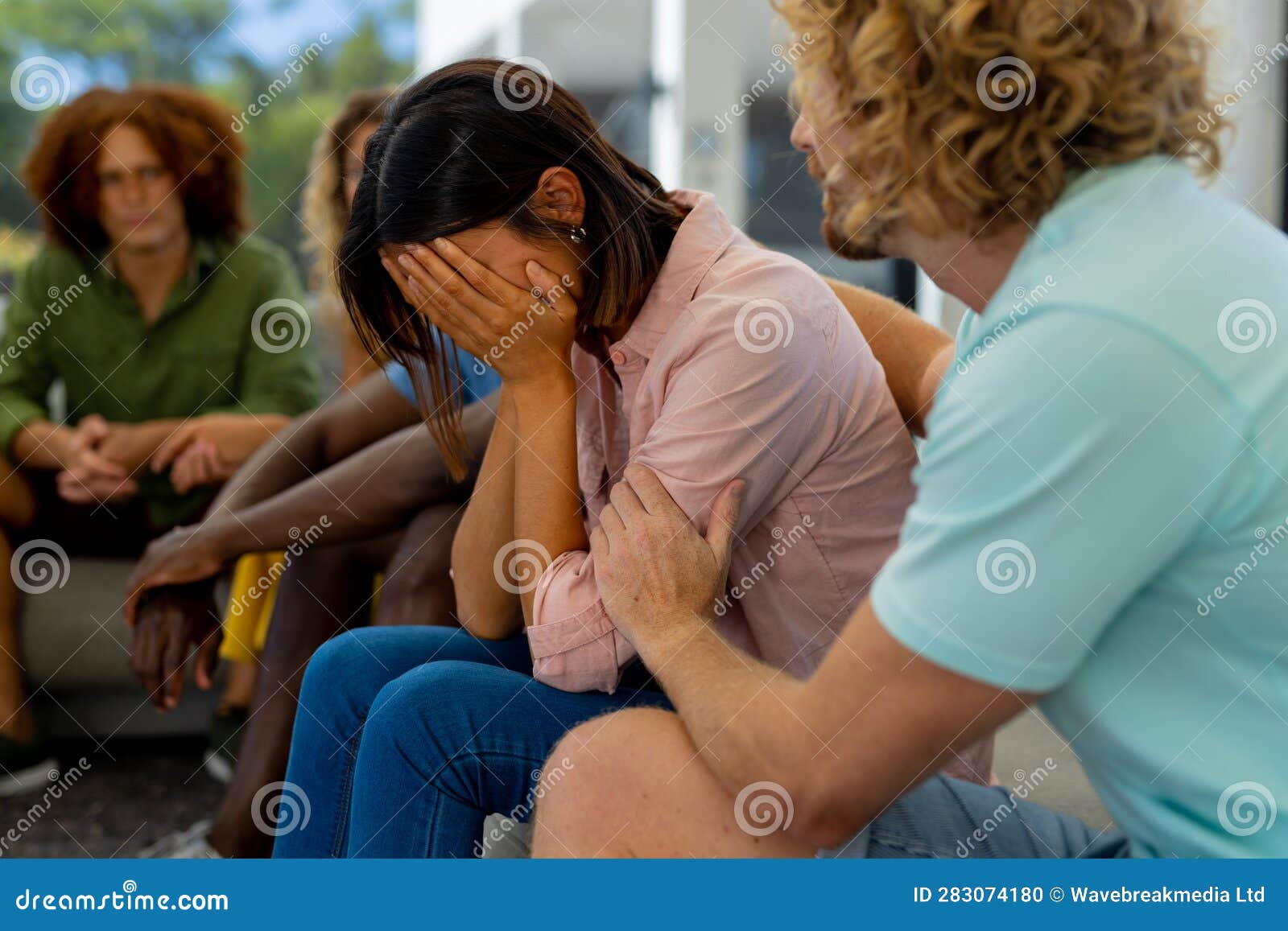 Group of Diverse People Sitting on Sofa, Talking and Crying in Group ...