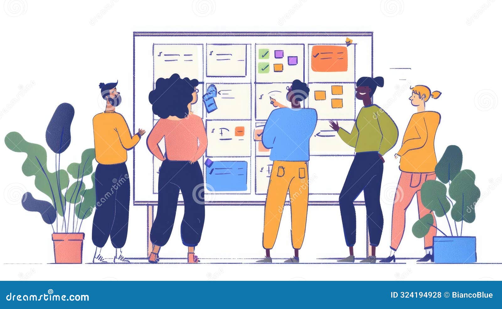 A Group of Diverse People Stand Around a Large Board with Sticky Notes ...