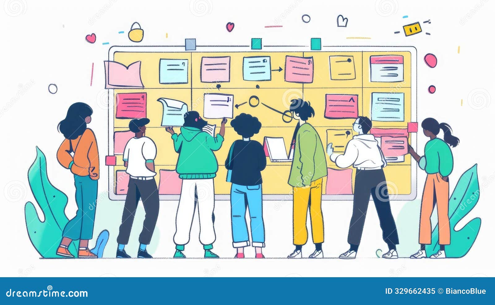 A Group of Diverse People Stand in Front of a Large Board with Sticky ...