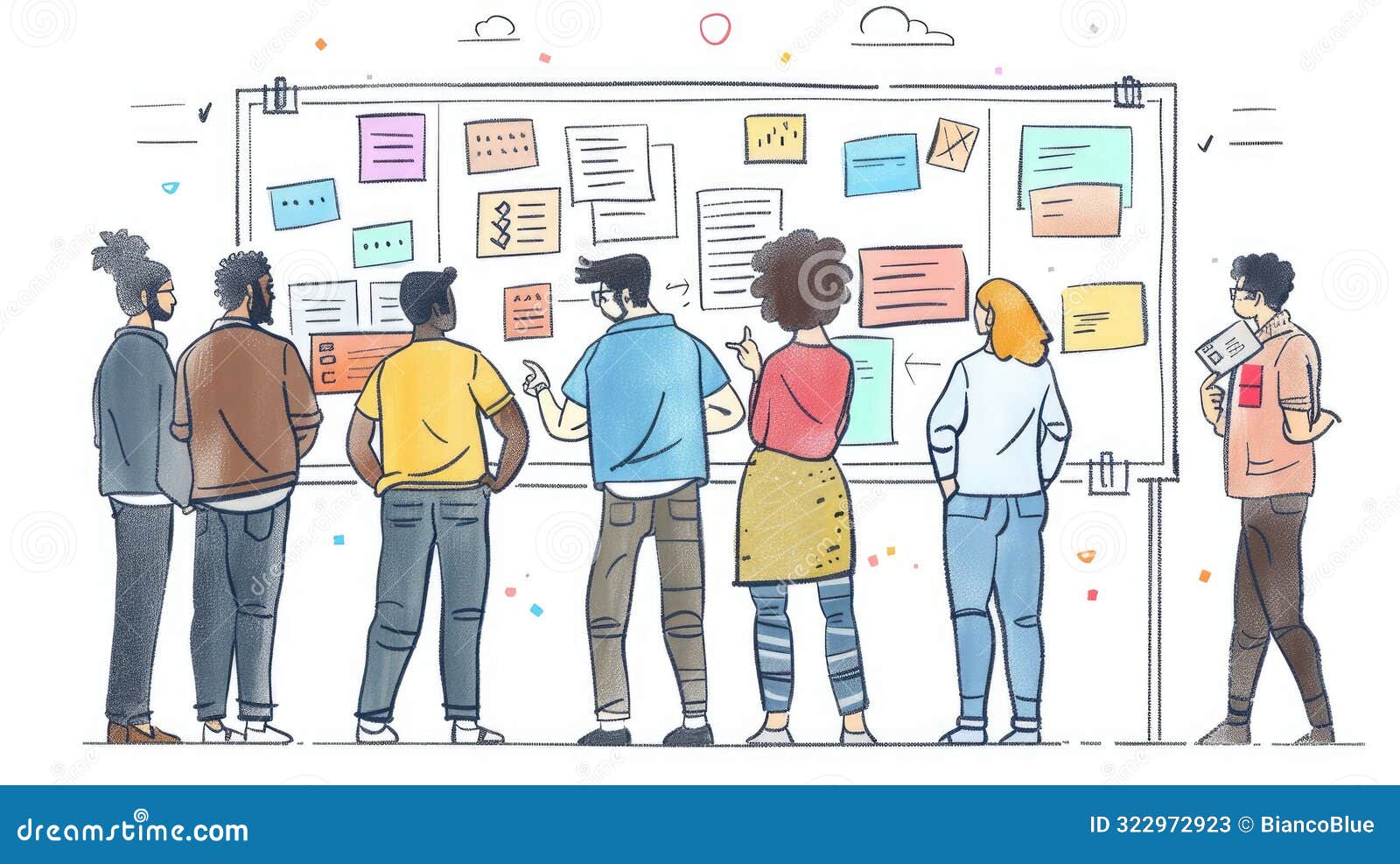 A Group of Diverse People Stand in Front of a Large Board with Sticky ...