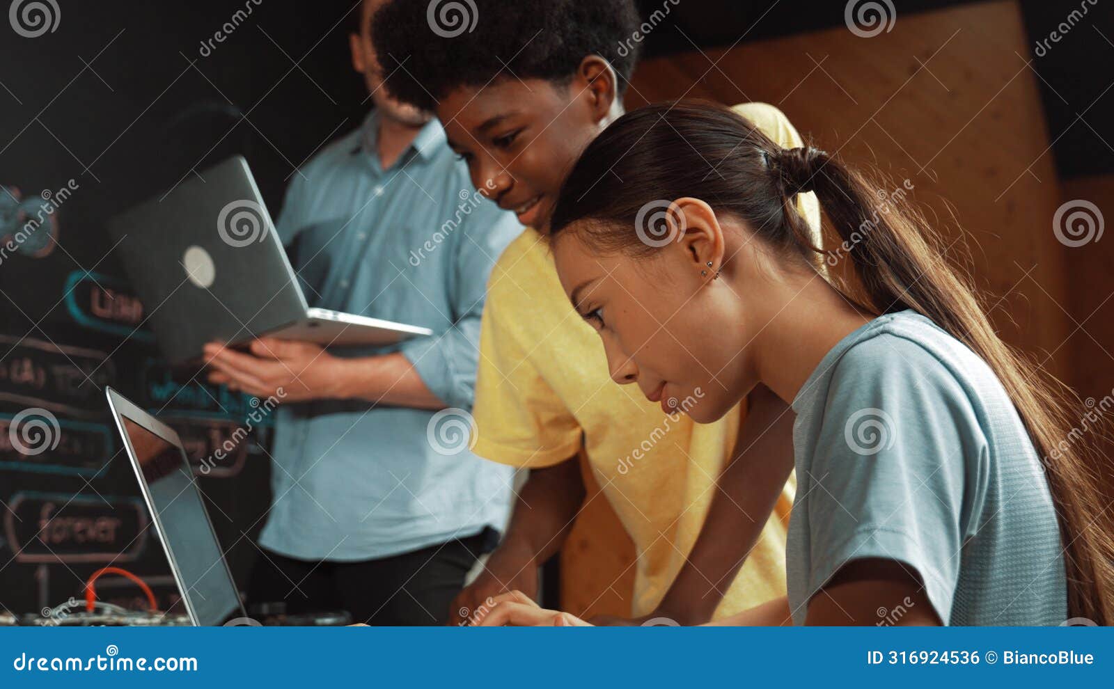 Group of Diverse Smart Student Working Together To Write Program ...