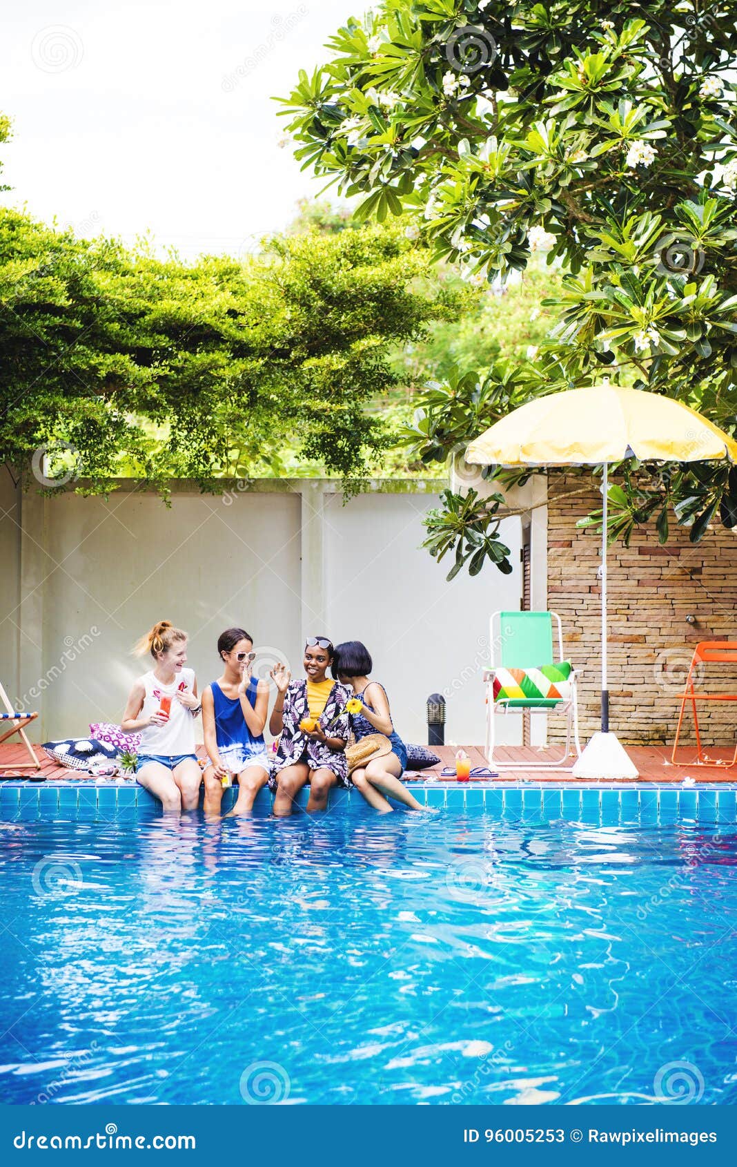 Group of Diverse Women Sitting by the Pool Stock Image - Image of party ...