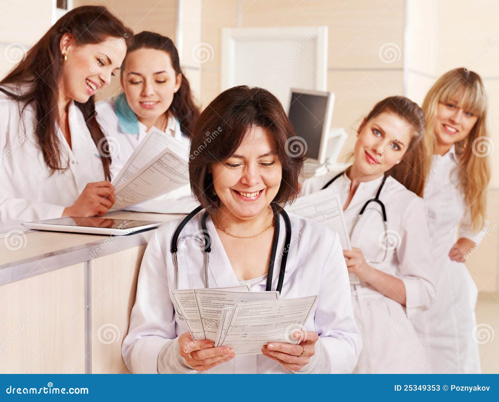 Group Doctors at Reception in Hospital. Stock Image - Image of office ...