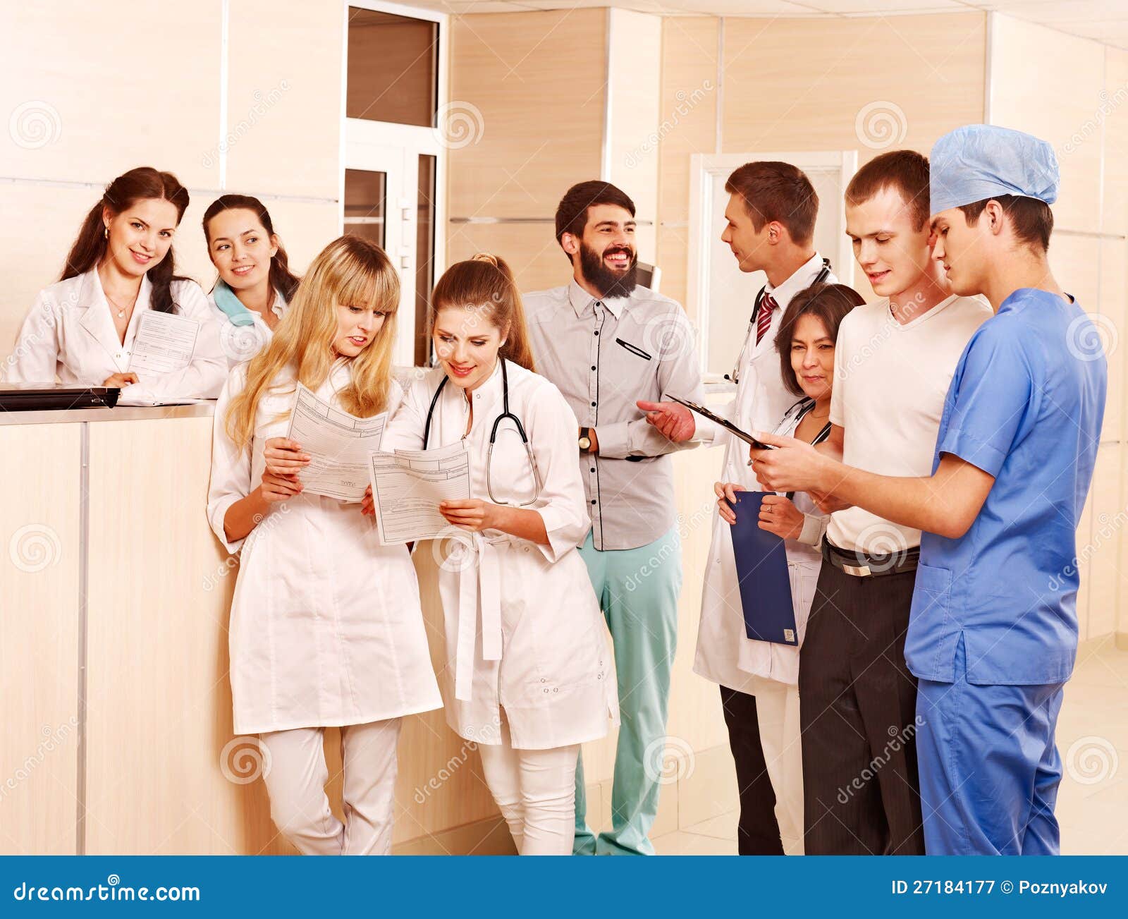 Group Doctors at Reception in Hospital. Stock Image - Image of ...