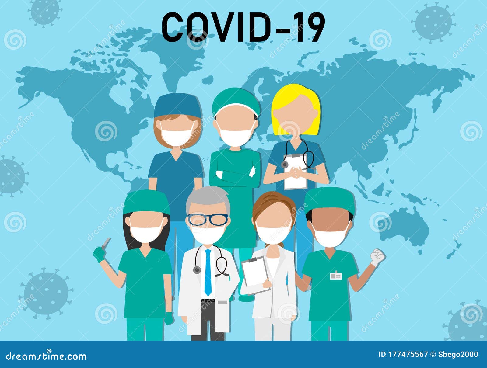 Group Of Doctors Wearing Face Mask With World Map In Background Cartoon ...