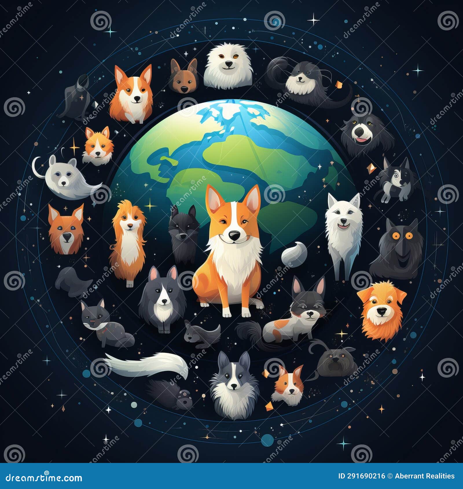 A Group of Dogs Around the Earth with the Earth in the Background Stock ...