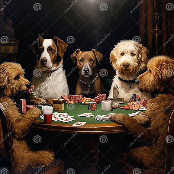 A Group of Dogs Playing Cards at a Table Stock Image - Image of club ...