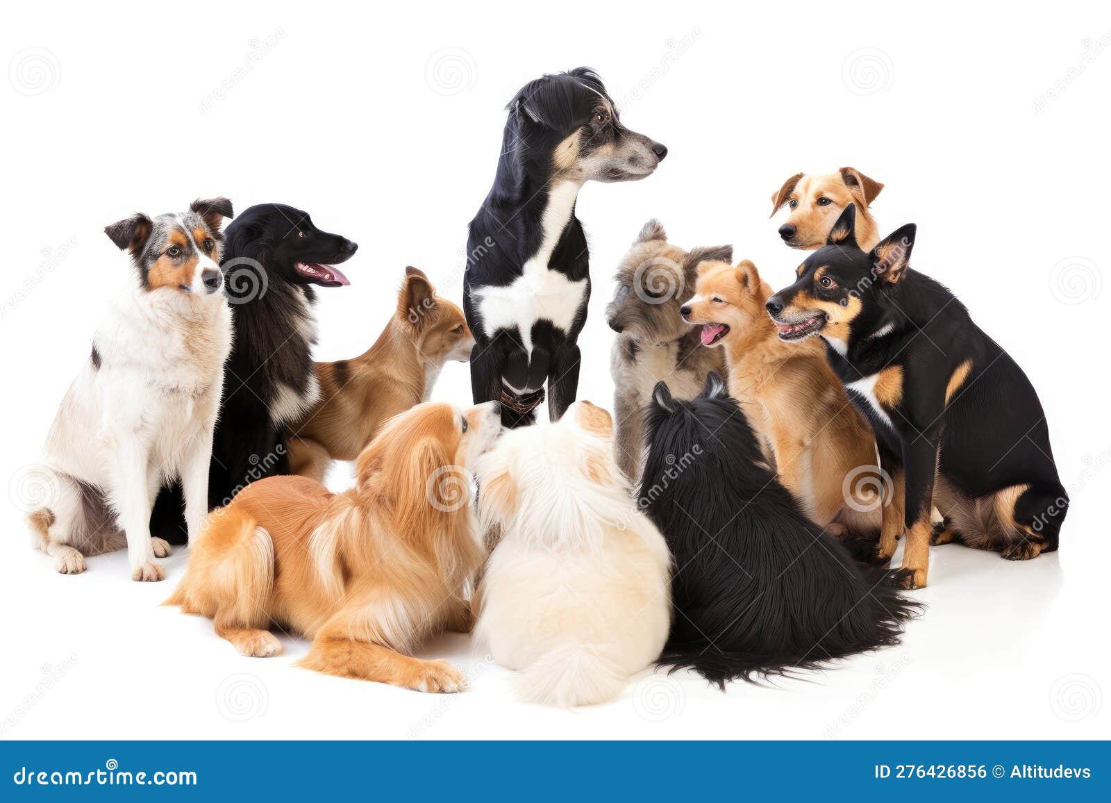 Group of Dogs Sitting in Circle, Looking at Each Other with Loving Eyes ...