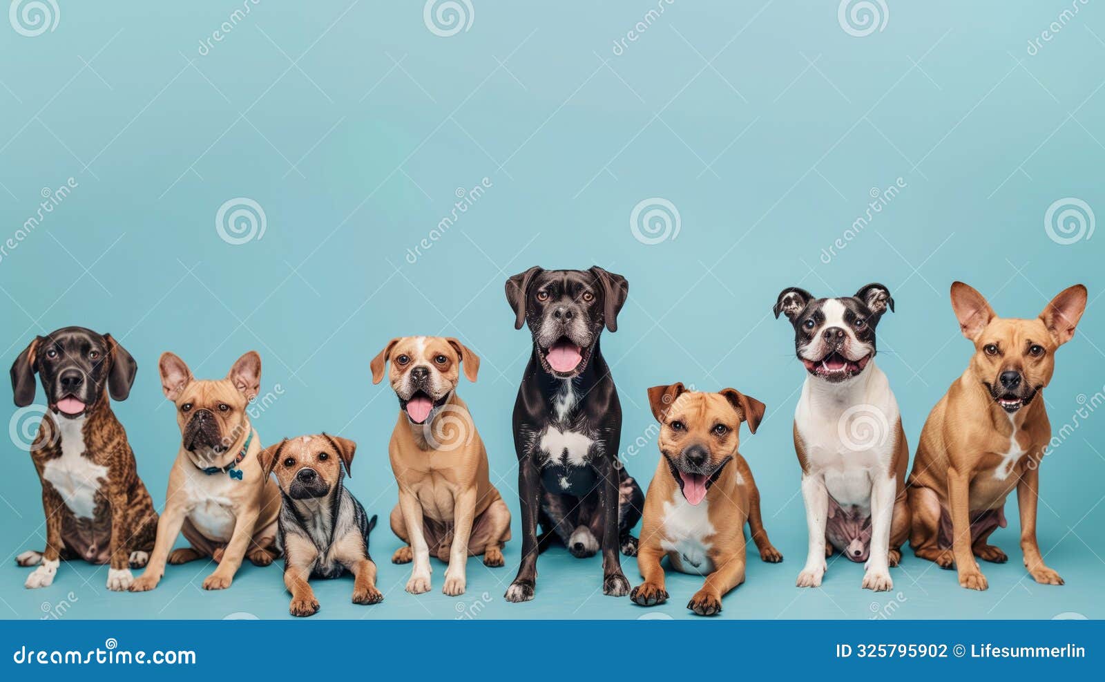 Group of Dogs Sitting Together on a Light Blue Background, Happy and ...