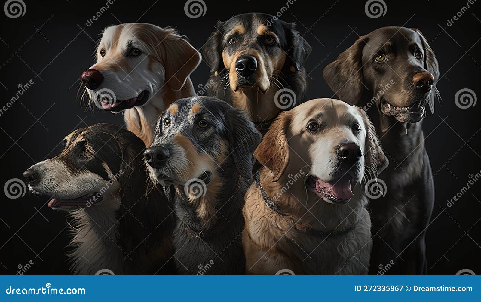 A Group of Dogs Standing Next To Each Other on a Black Background Stock ...