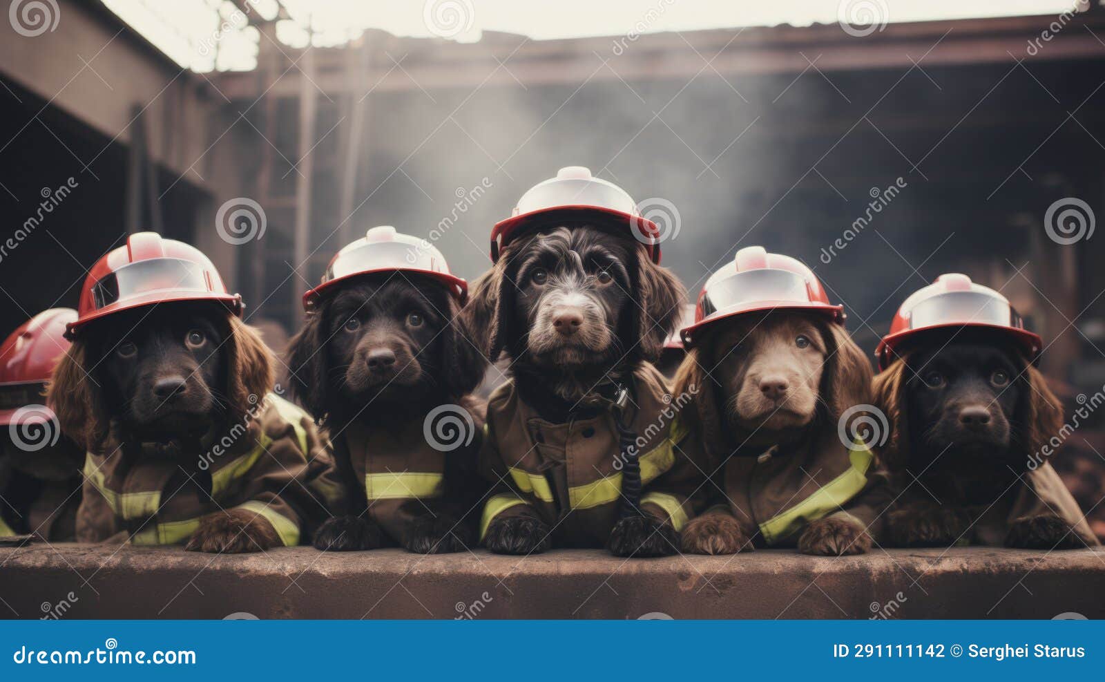 A Group of Dogs Wearing Fireman Hats, AI Stock Illustration ...