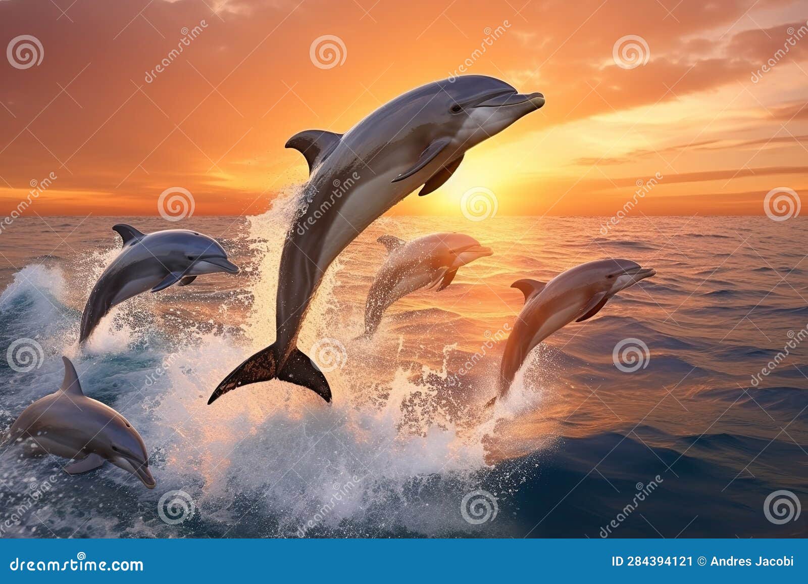 Group of Dolphins Jumping Over Ocean Waves at Epic Sunset View Stock ...